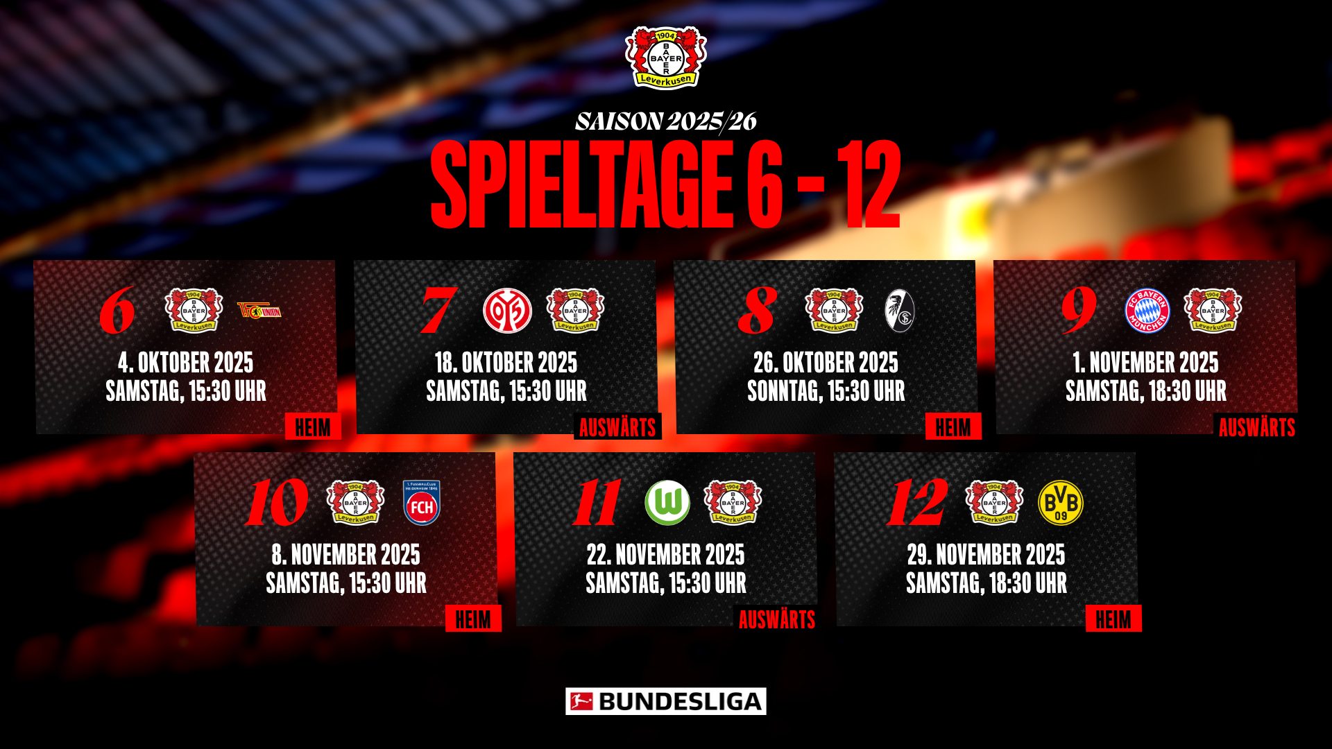 DFL schedules matchdays 6 to 12 - Saturday night home game against BVB | Bayer04.de
